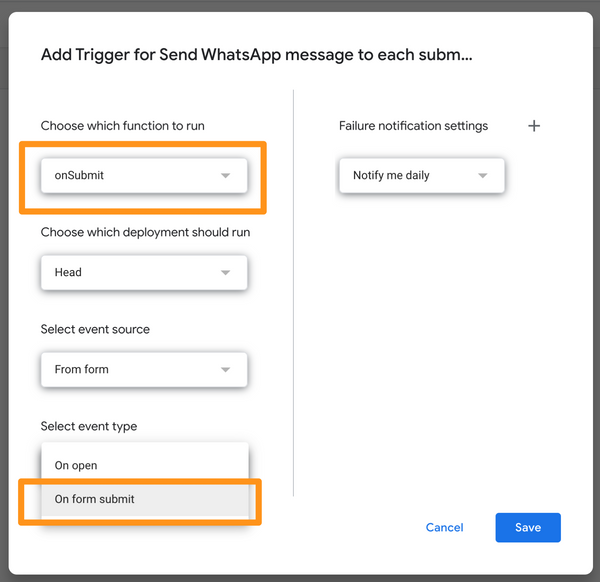 How to send a WhatsApp message for each Google Form response